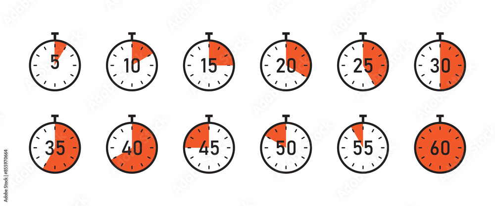 Countdown Timer Symbol Set, stopwatch icons set with different time ...