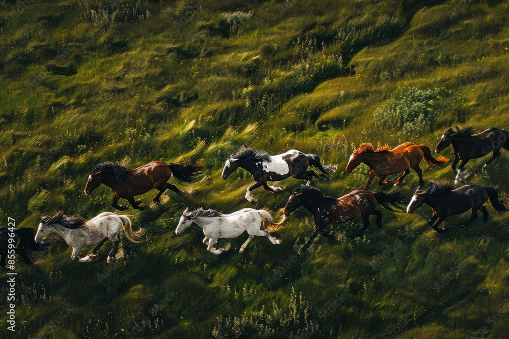 Aerial of Icelandic horses running in the countryside, South Coast ...