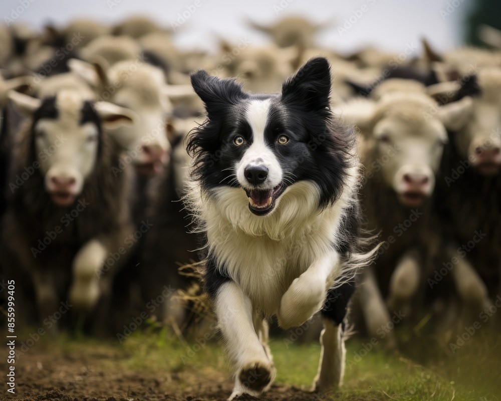 Border Collie herding sheep through a field. The dog is in focus and leading the herd ...