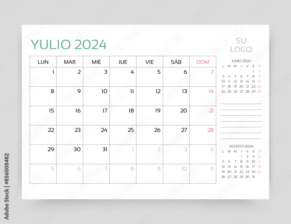 Spanish calendar for July 2024 year. Planner calender template. Week ...