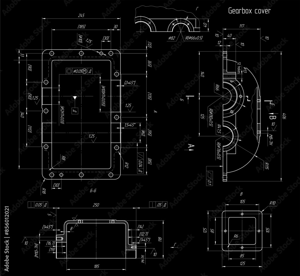 Assembly drawing of reducer cover. Vector drawing of steel mechanical ...