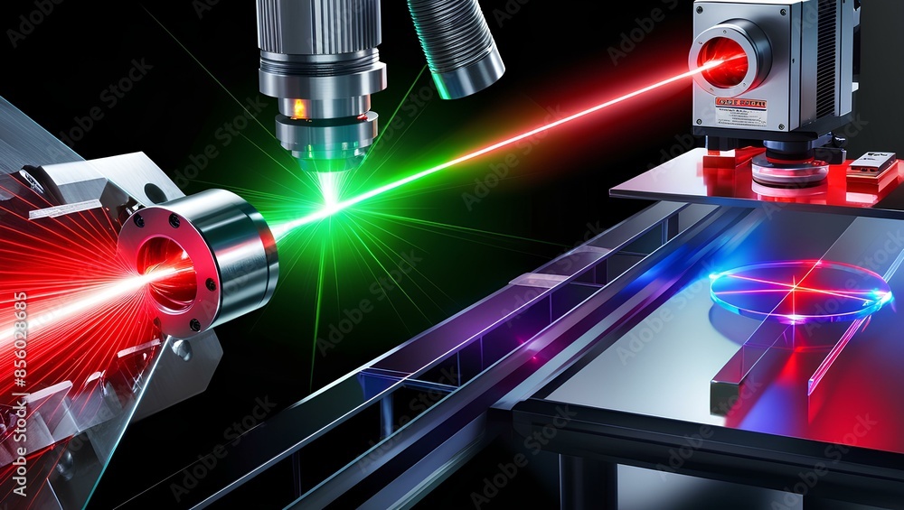 A high-tech setting where a powerful, focused beam of light is emitted ...