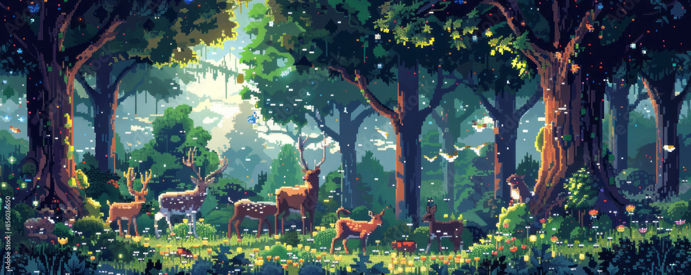 A pixel art rendition of a pixelated forest teeming with pixelated ...