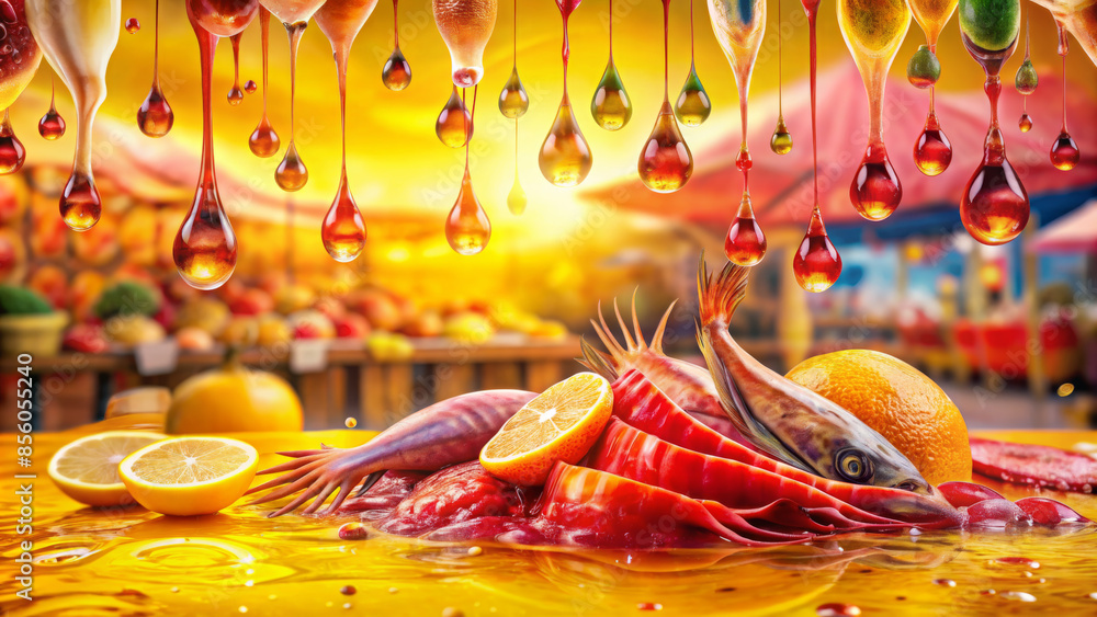 Suspended liquid droplets float above a vibrant composition of seafood and lemon slices against ...