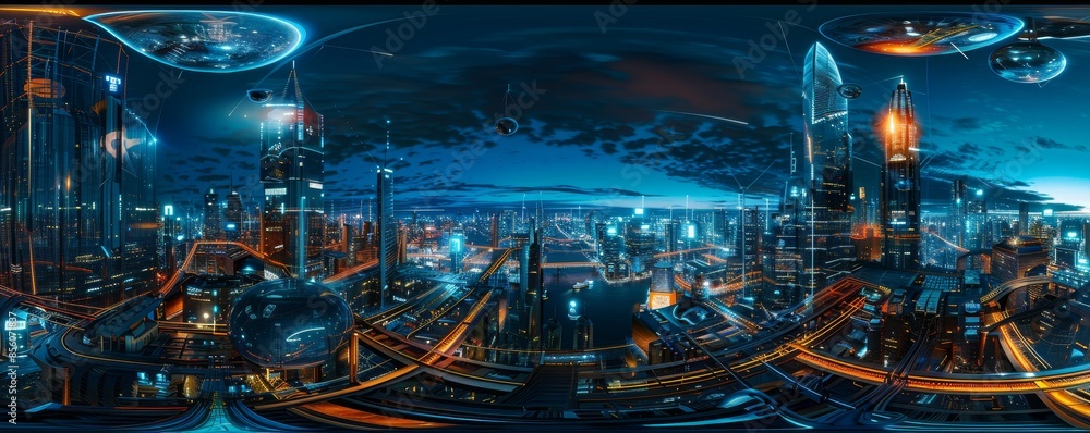 Epic 360degree Cyberpunk panorama with futuristic Night City skyline ...
