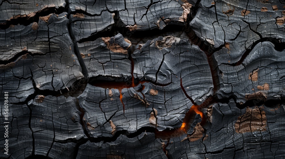 Close-up of charred wood with glowing embers highlighting the texture ...