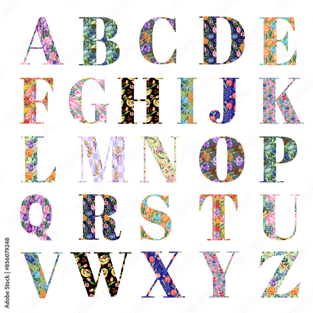 Hand drawn font with flowers.Set of ABCD uppercase letters isolated on ...