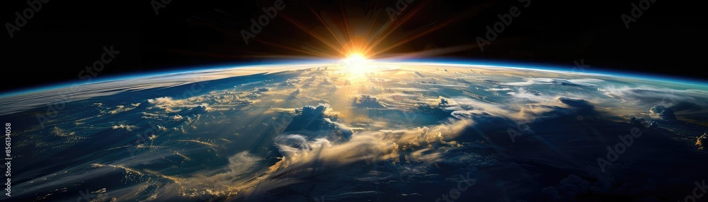 Spectacular sunrise over Earth from space, showcasing breathtaking natural beauty and the ...