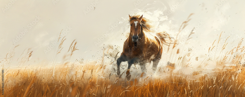 A noble centaur galloping through the grasslands, its human head held ...