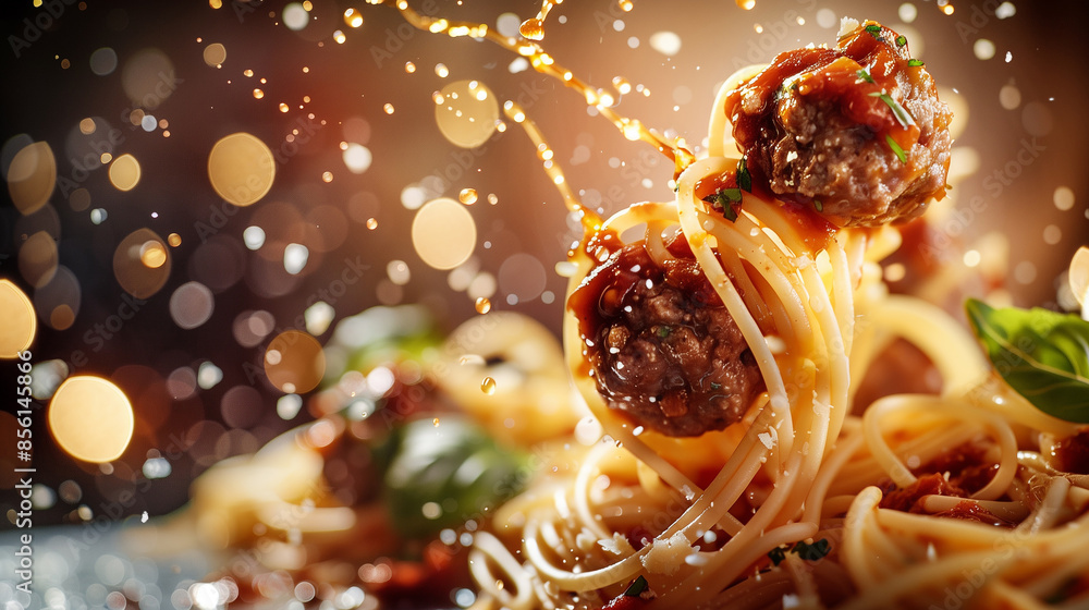 Floating spaghetti and meatballs with vibrant tomato sauce splashes ...