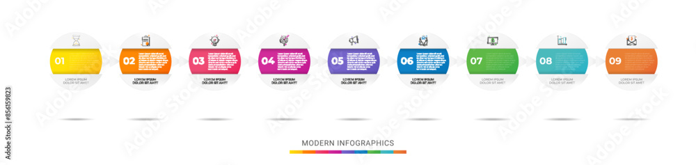 Business vector infographics with 9 circles and arrows. Timeline ...