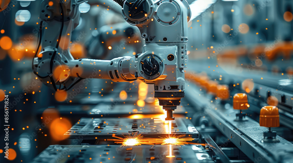Automaton robot arms working in industrial factory making car parts ...