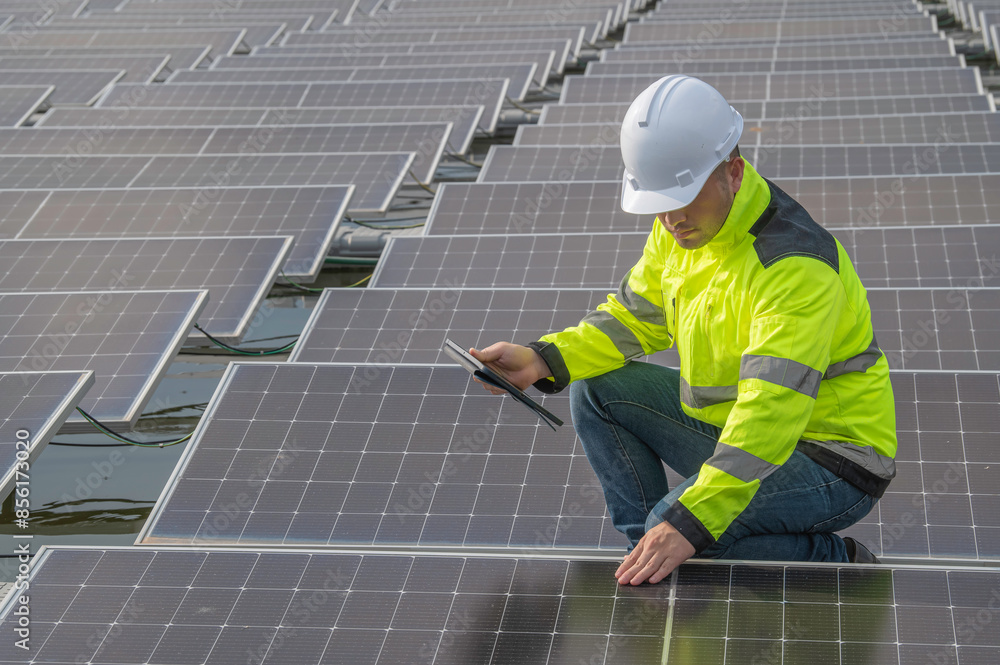 Engineer working at floating solar farm,checking and maintenance with ...