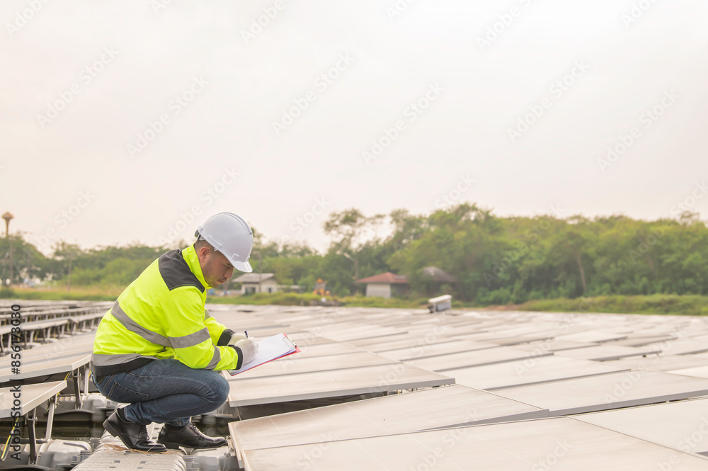 Engineer working at floating solar farm,checking and maintenance with ...