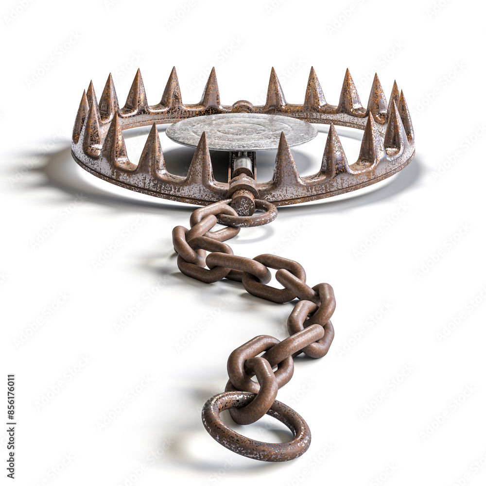 Old rusty bear trap waiting to be sprung on white background Stock ...