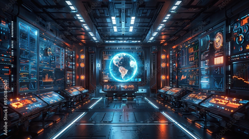 A high-tech control center features a central holographic display ...