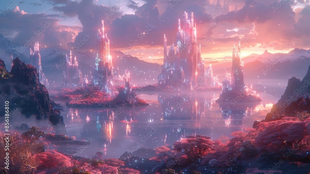 A breathtaking fantasy world emerges with towering crystal spires and ...