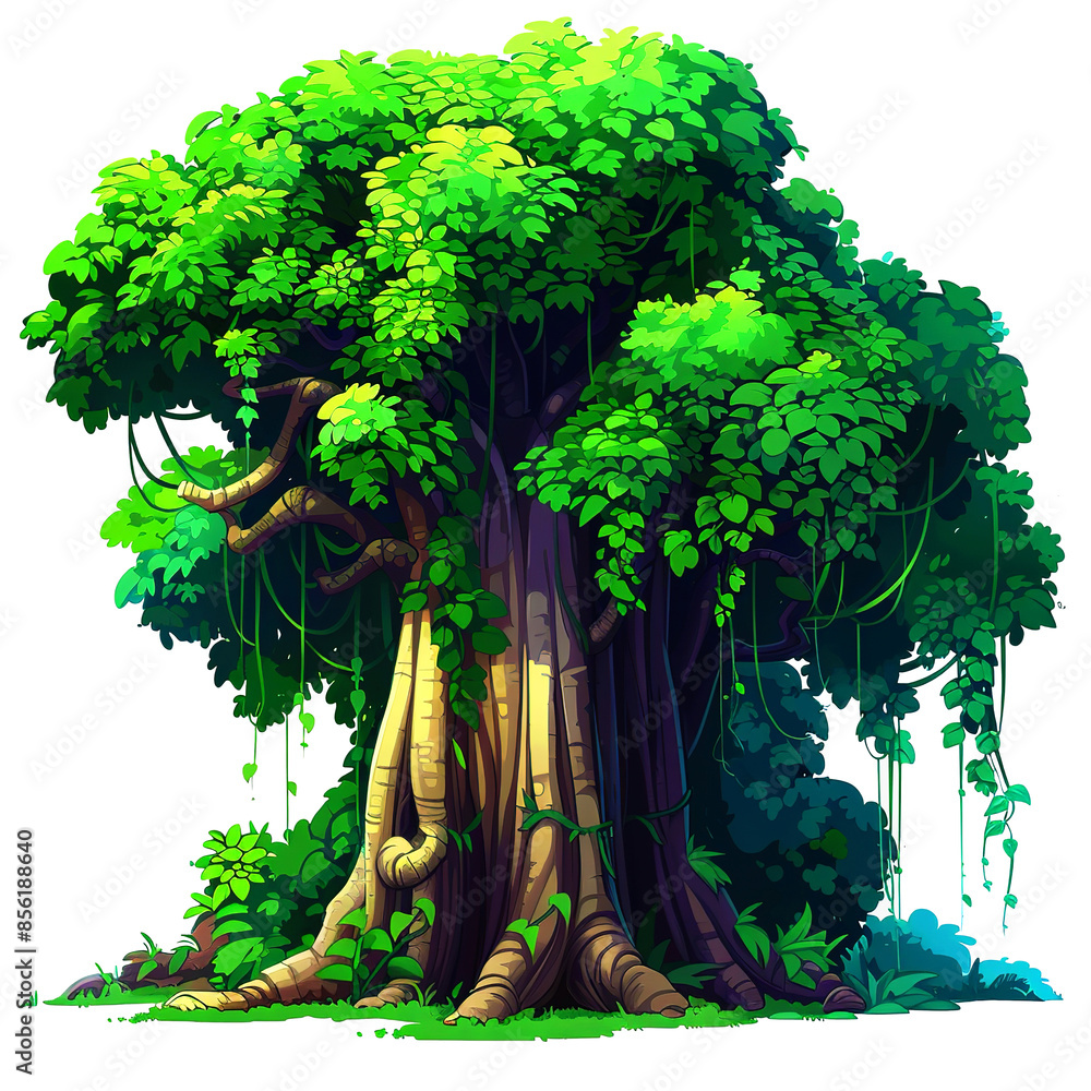 Banyan tree cartoon isolated on a white background. Cartoon Banyan tree ...