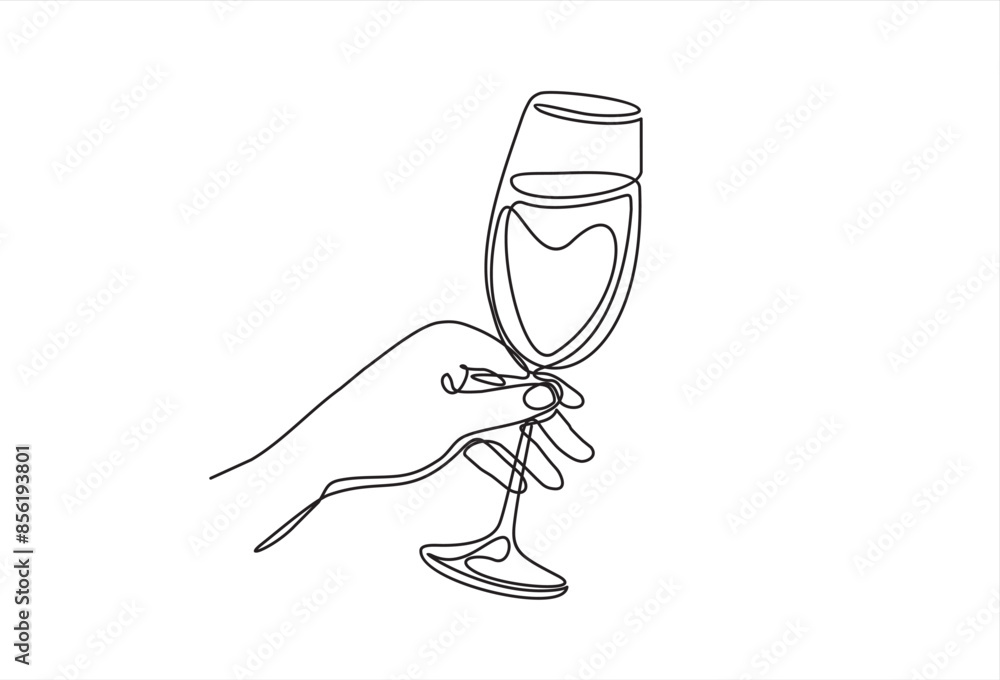 Continuous one line drawing. Hand cheering with glass of champagne ...
