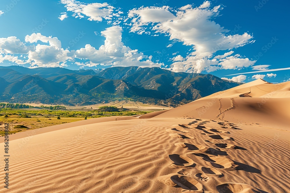 Footprints in the sand leading up to a mountain range under a blue sky ...