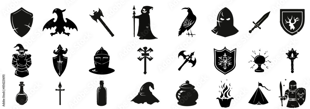 Game fantasy icon set, vector magic dungeon dragon RPG sign, medieval ...