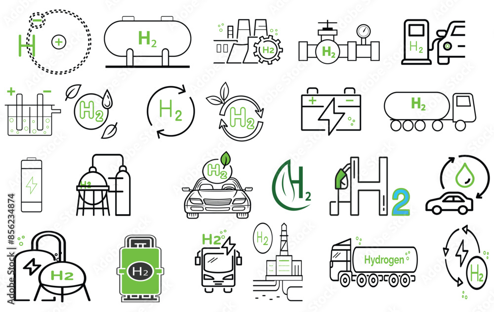 Green hydrogen fuel production icons set. water electrolysis, fuel tank ...
