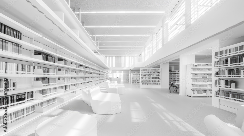 Background image of public clean library with white minimal furniture ...