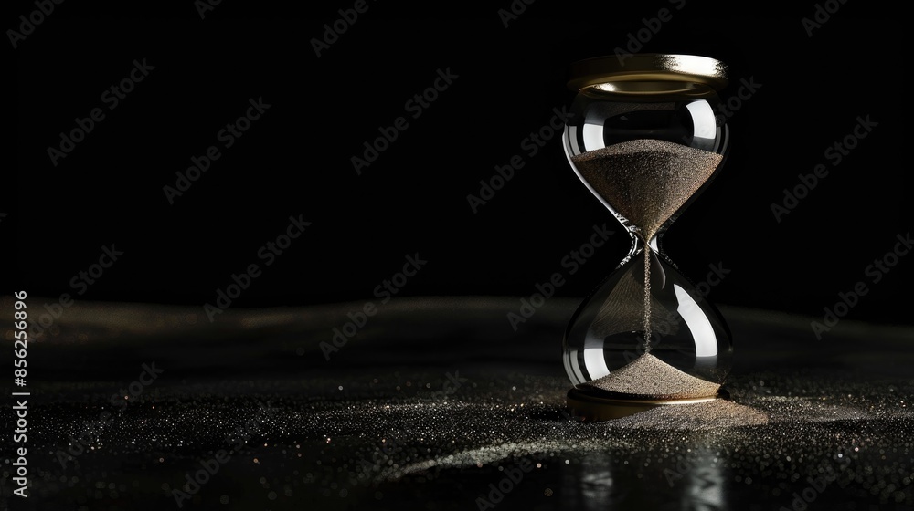 Time running out hourglass with falling sand on black background Stock ...