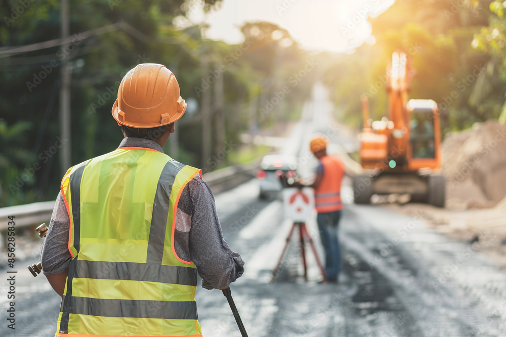 Civil engineer inspecting road construction work and supervising ...