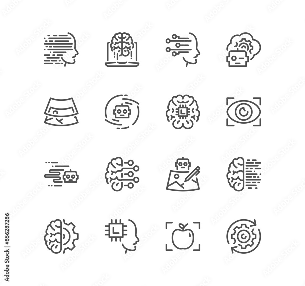 Set of artificial intelligence related icons, machine learning, smart ...