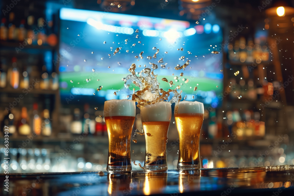 Pint of beer on a bar counter with TV showing a soccer match in blurred ...