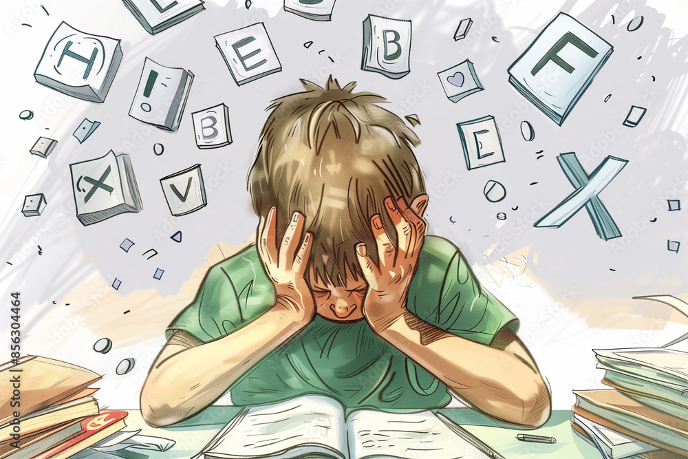 Child with dyslexia reading book with dancing letters. Concept of ...