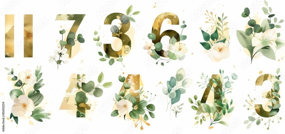 The gold number set is decorated with watercolor roses and leaves ...