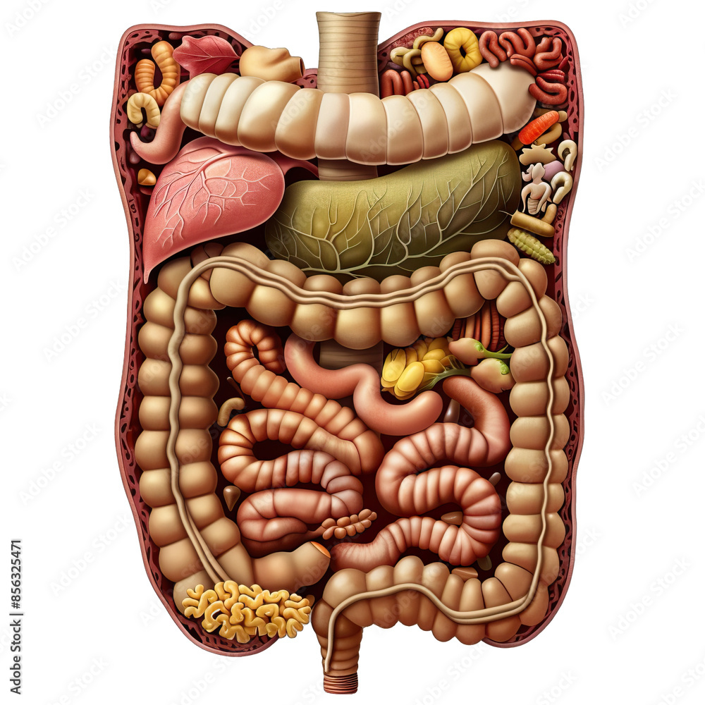 Cross section of human digestive system, Isolated on transparent ...