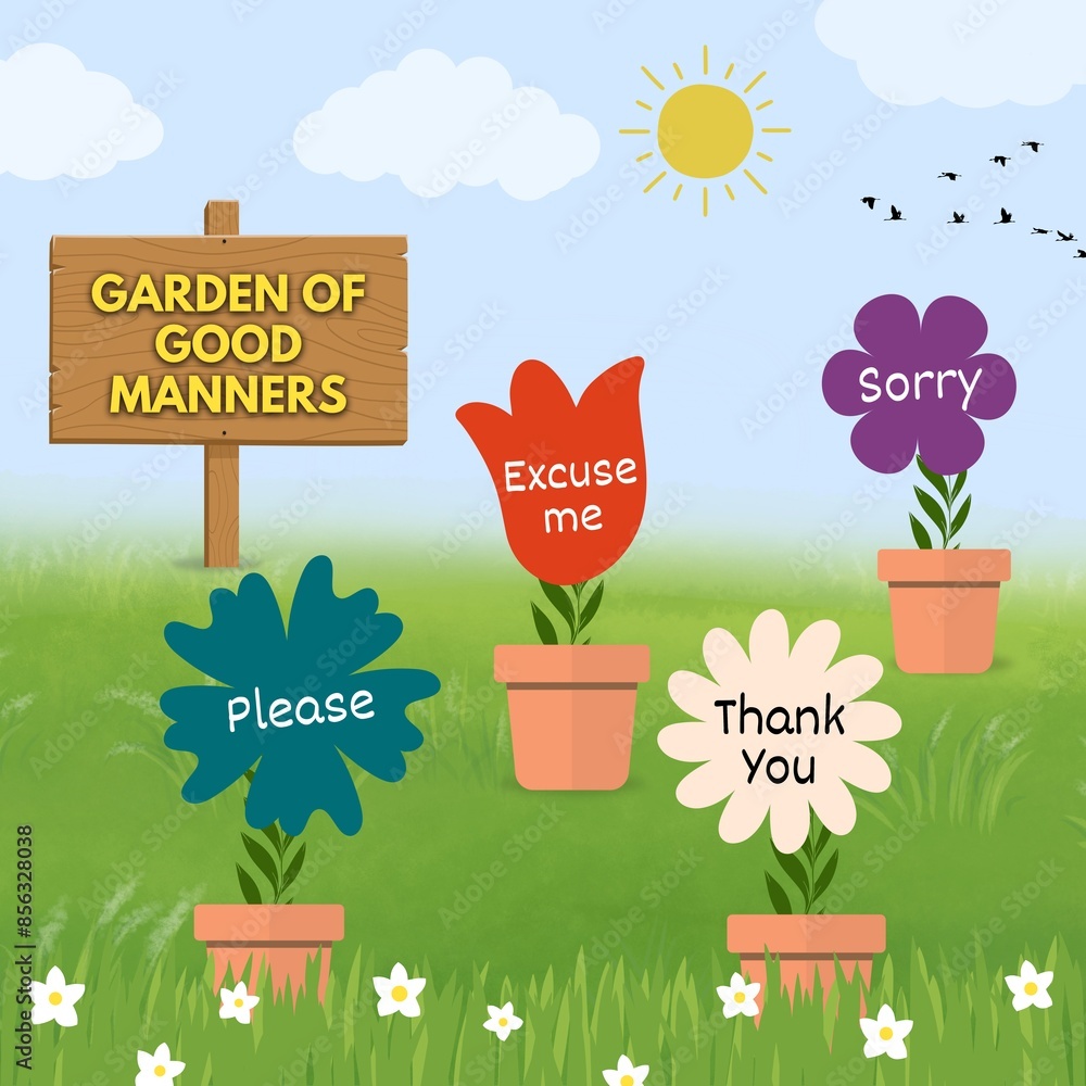 floral garden of good manners with sorry, please, thank you, excuse me ...