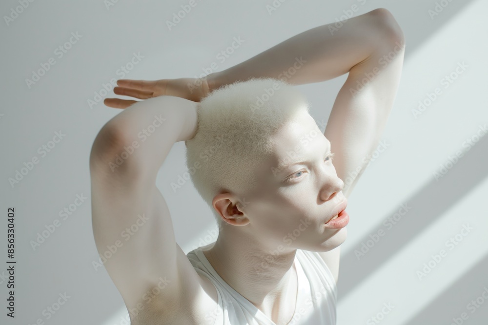 Albino male model is posing in a studio, illuminated by natural light ...