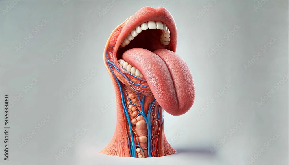 Anatomical illustration of the human mouth and tongue, showing muscles ...
