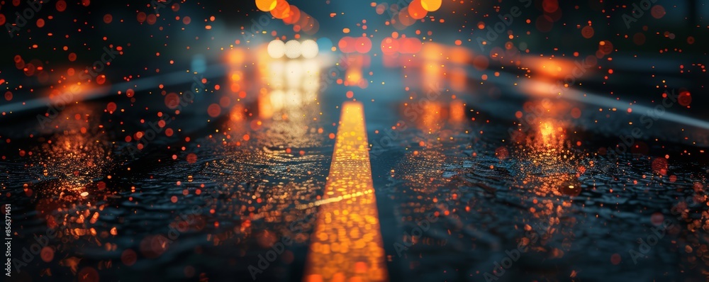 Asphalt Road Night, Rain Wet Surface, Reflections Lights, Blurred ...