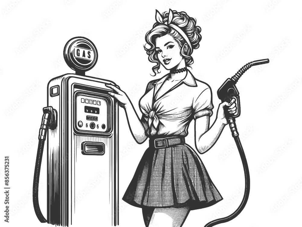 Pin-up woman holding gas pump nozzle, intricate details and retro charm ...