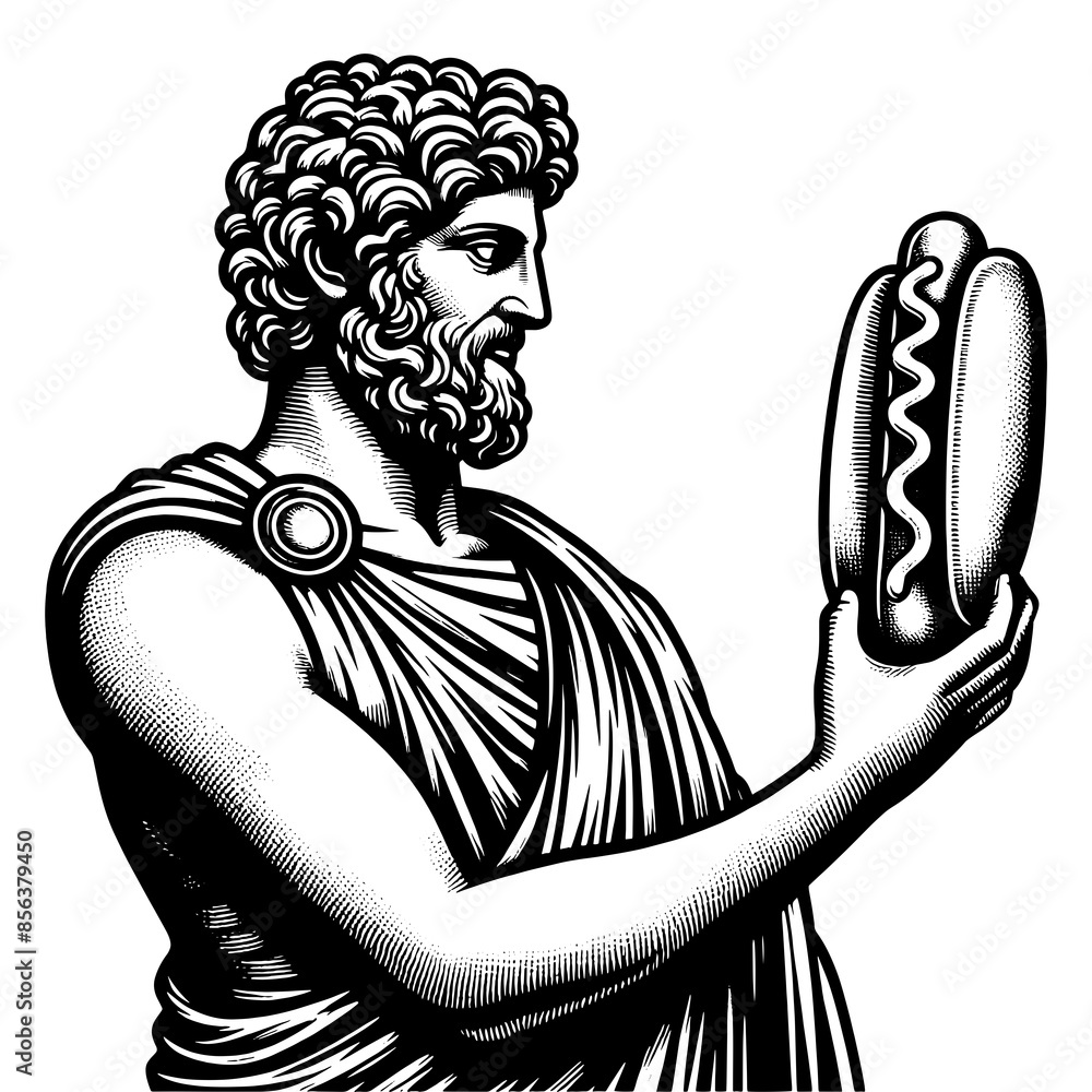 classical statue eating a hot dog, blending ancient art with modern ...