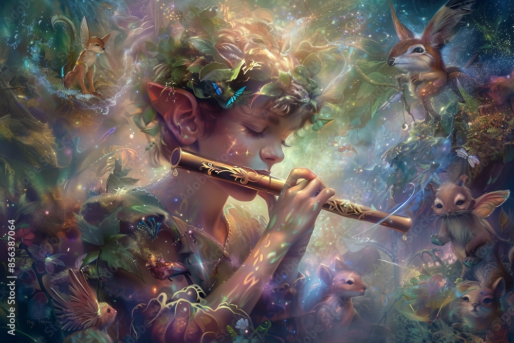 An artistic portrayal of Peter Pan playing his flute, surrounded by ...