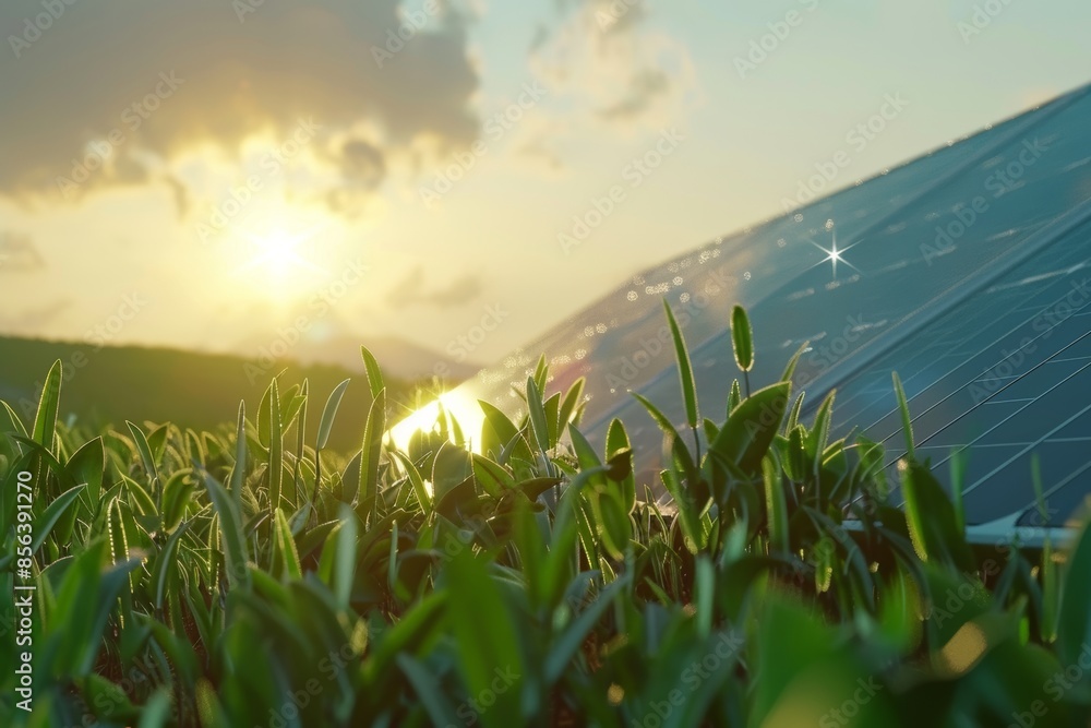 In nature, a solar panel with sunlight and a blue sky background ...