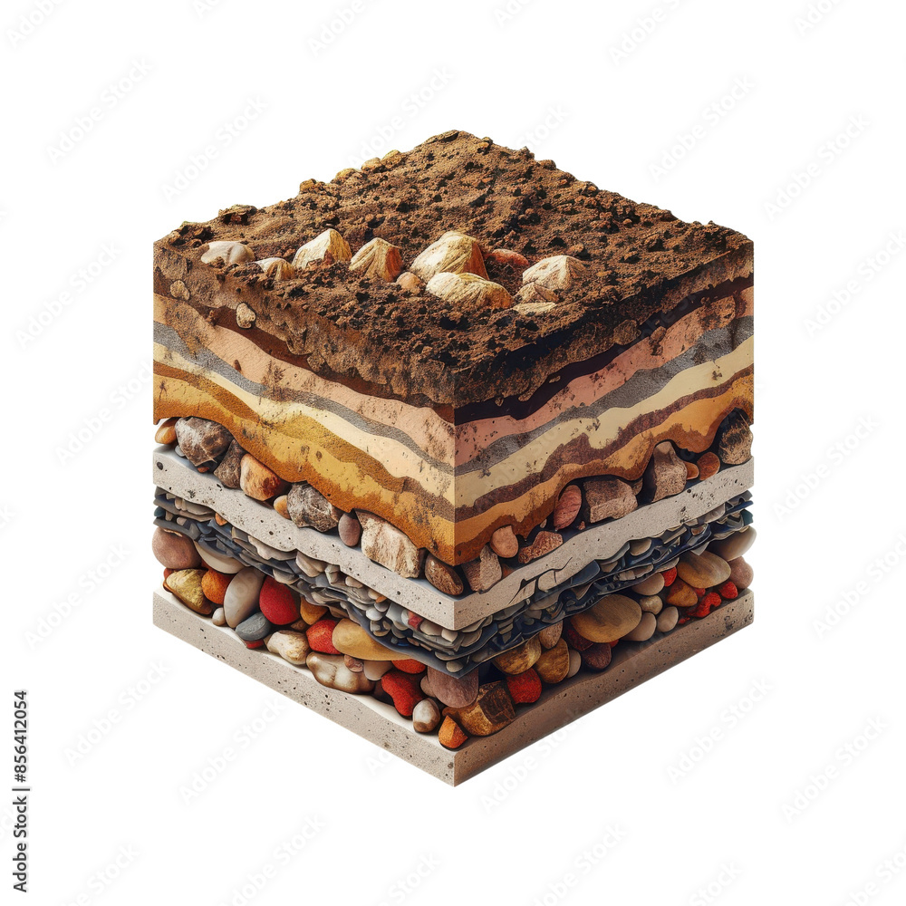 Detailed 3D illustration of soil profile cross-section, showing various ...