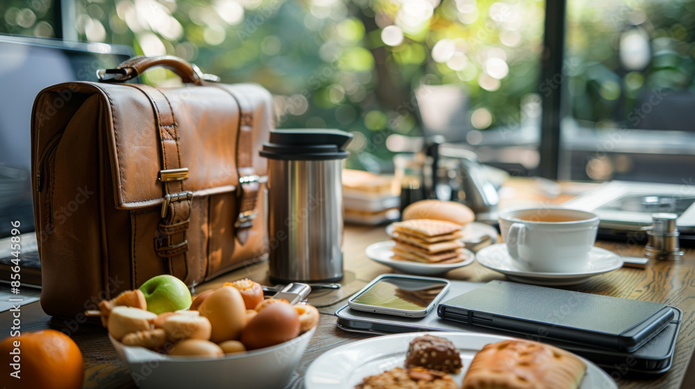 Work desk setup with breakfast items, including pastries, coffee, and a ...