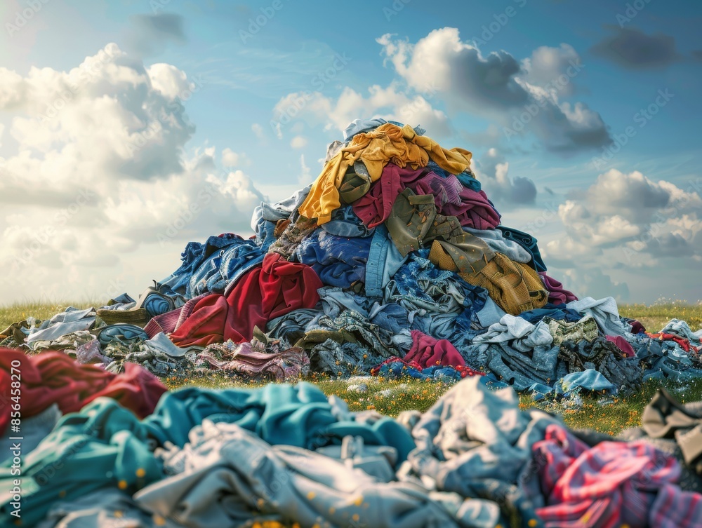 Pile of discarded clothing in landfill highlighting issues of fast fashion and sustainability ...
