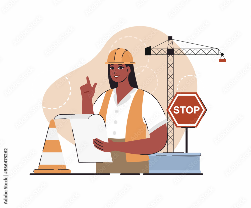 Flat vector illustration. Image of a construction site inspector ...