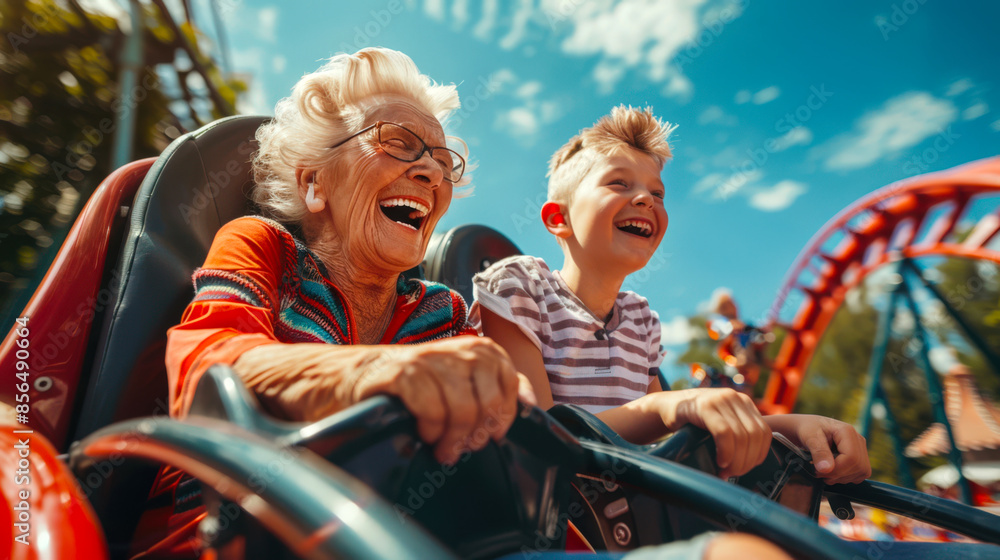 Grandma and grandson have fun on the roller coaster. A happy elderly ...