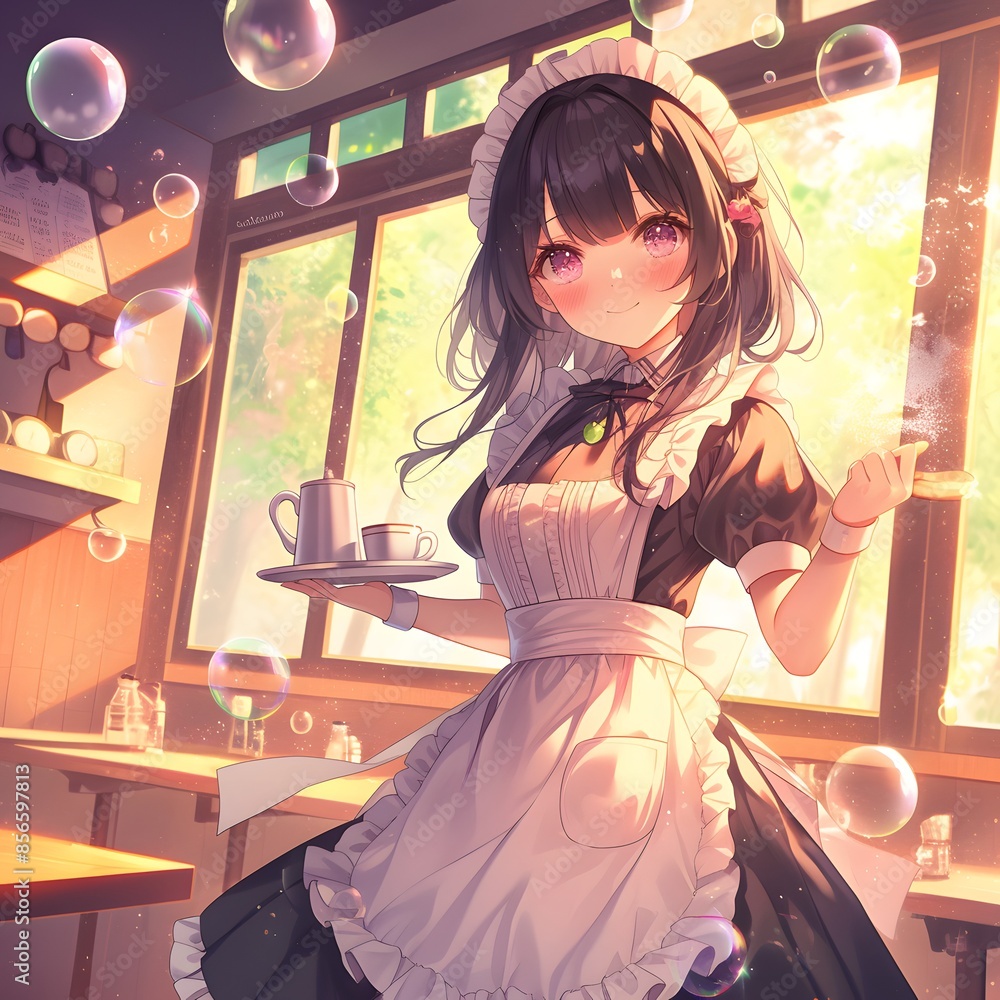 An adorable anime girl in a maid outfit, serving customers with a smile ...