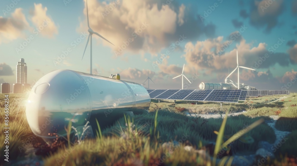 Renewable energy setup with a hydrogen gas tank, clean solar power ...