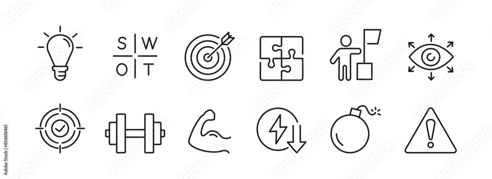 SWOT icons. Set of SWOT analysis with strength, threats, weakness and ...
